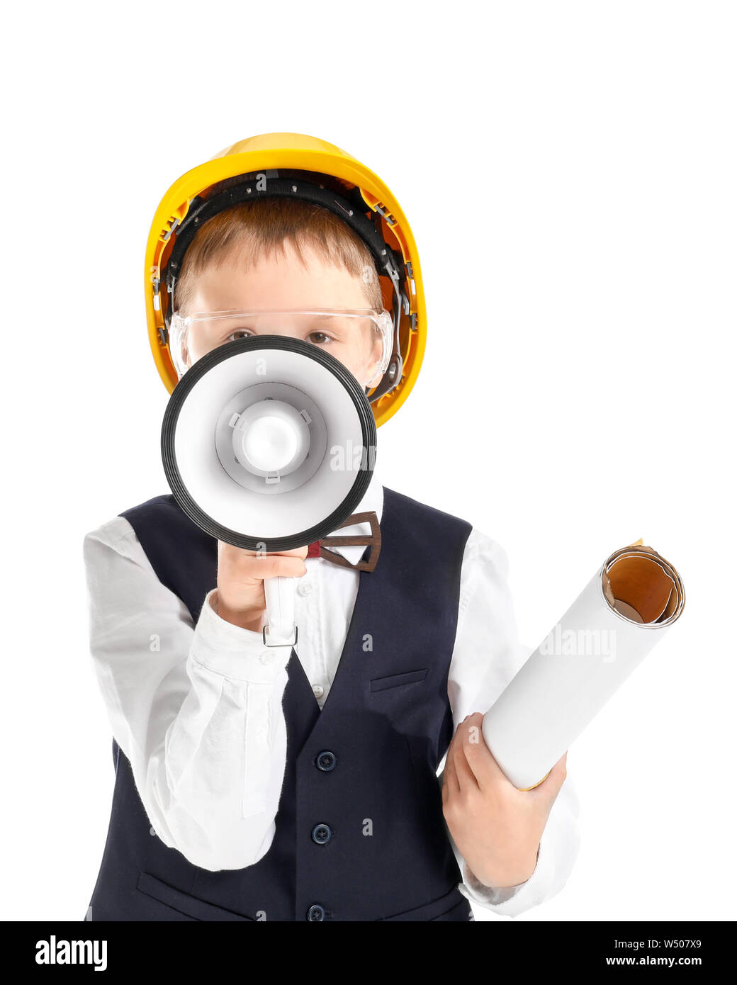 Cute little architect with megaphone on white background Stock Photo ...