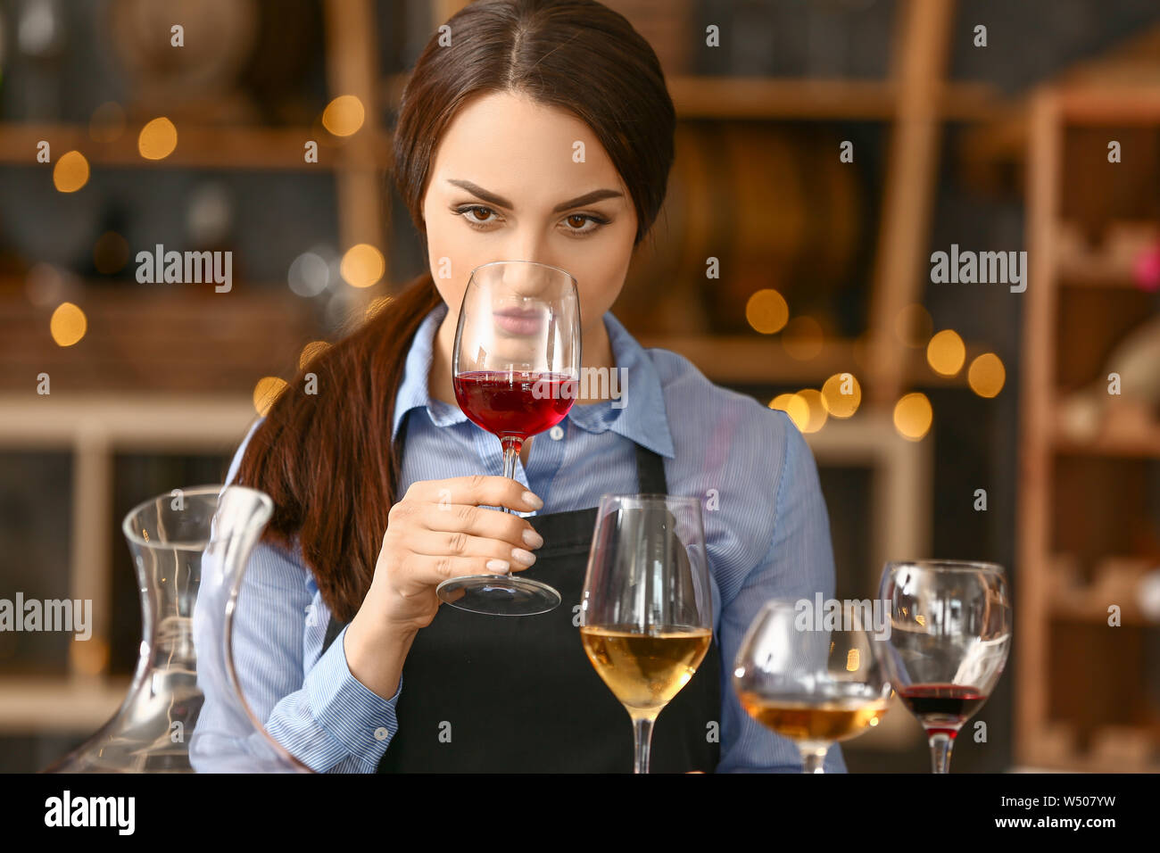 Female sommelier working in wine cellar Stock Photo - Alamy
