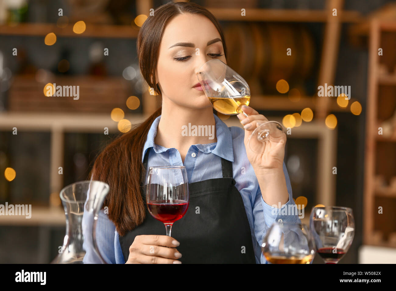 Female sommelier working in wine cellar Stock Photo - Alamy