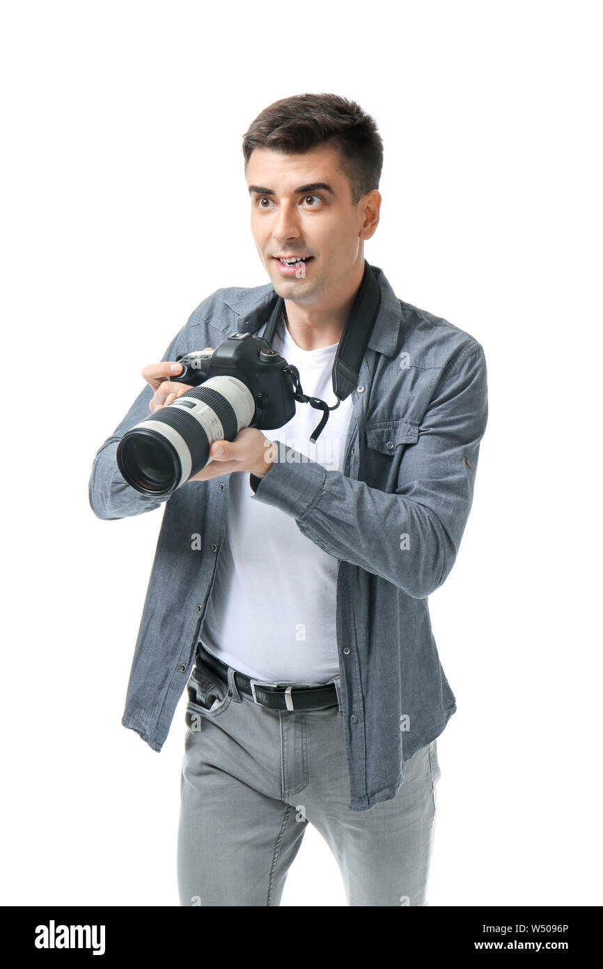 Male photographer on white background Stock Photo - Alamy