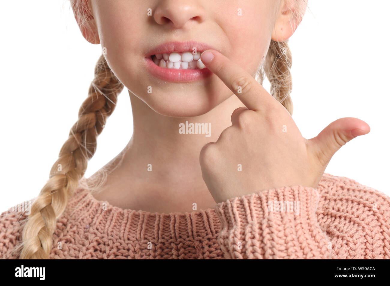 Little girl with healthy teeth on white background, closeup Stock Photo ...