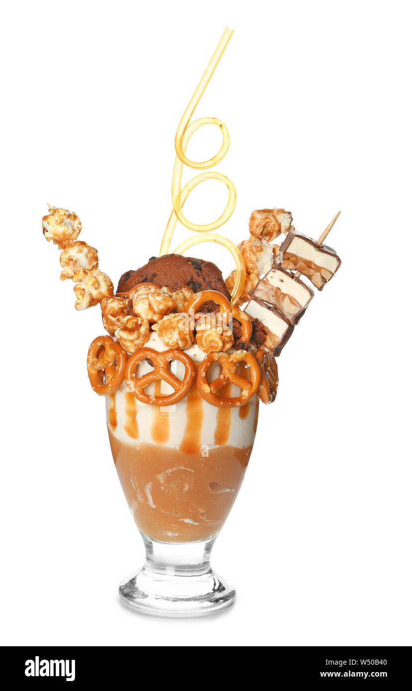 Glass with delicious freak shake on white background Stock Photo - Alamy