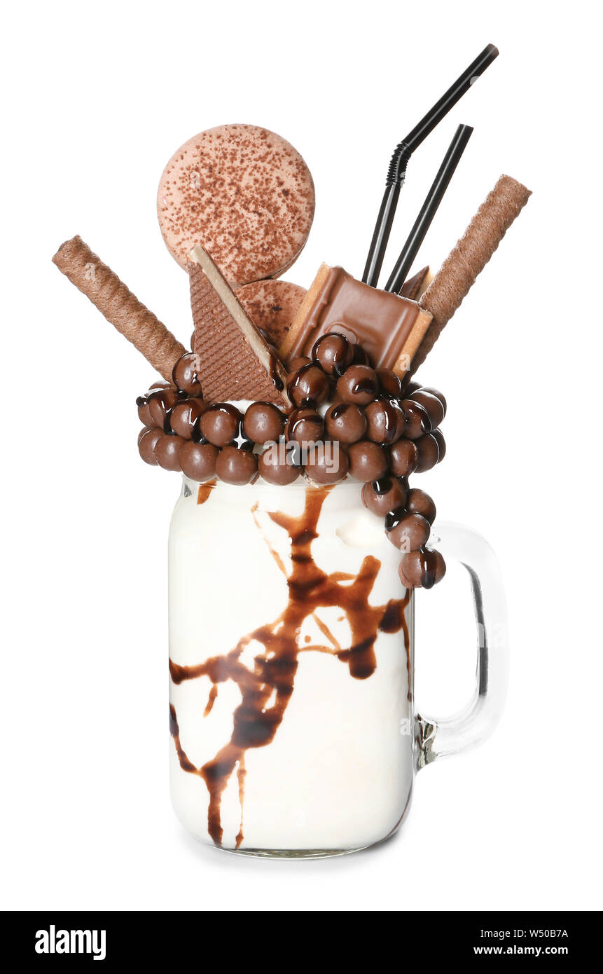 Mason jar with delicious freak shake on white background Stock Photo ...