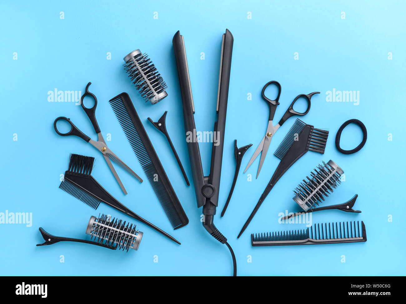 Set of hairdresser tools and accessories on color background Stock ...