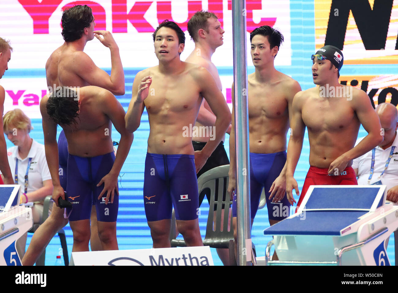 Gwangju, South Korea. 26th July, 2019. (L to R) Keisuke Yoshida, Katsuhiro Matsumoto, Kotaro ...