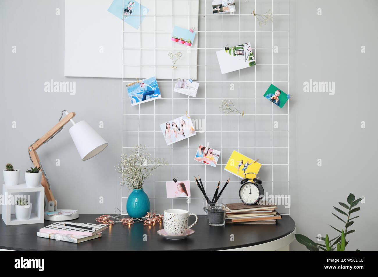 Stylish workplace with mood board at home Stock Photo - Alamy