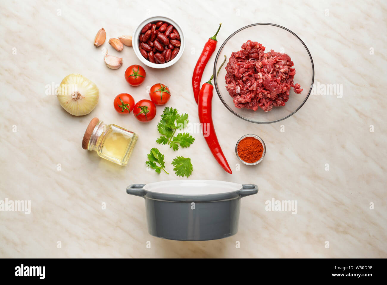 Ingredients for chili con carne with pot on light background Stock ...