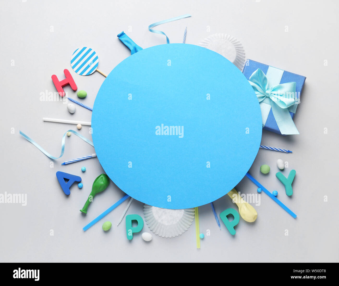 Empty greeting card with Birthday decor on light background Stock Photo ...