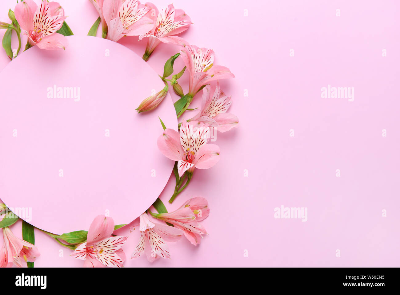 Empty greeting card with beautiful flowers on color background Stock ...