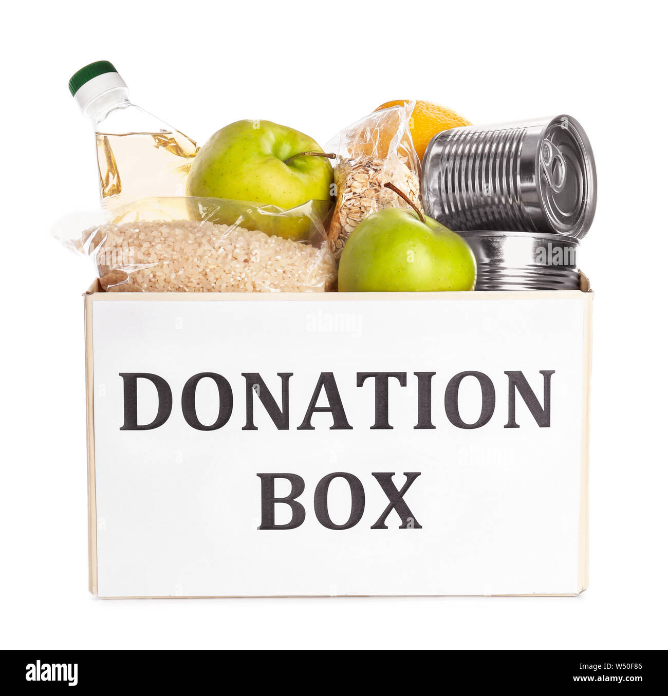 Box with donation food on white background Stock Photo - Alamy