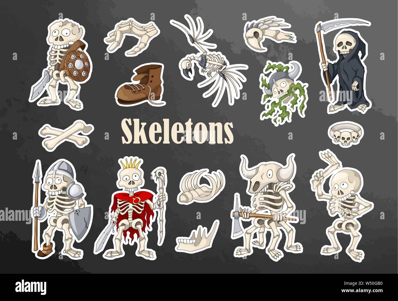 Halloween skeletons art stickers set. Cartoon hand drawn skeletons ...