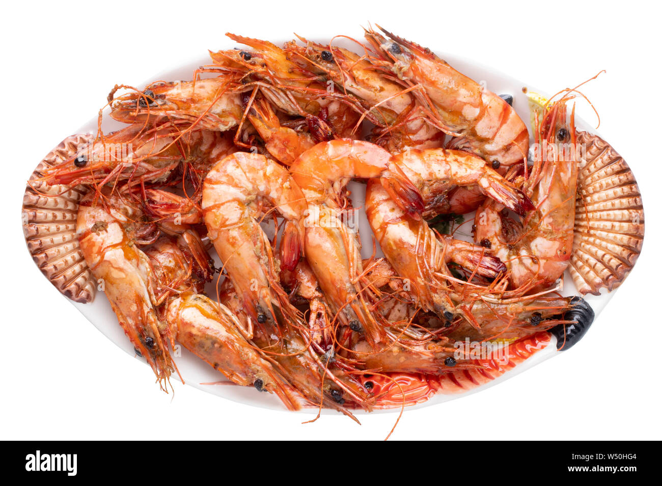Seafood background. Closeup of fresh grilled big prawn tiger or shrimps ...