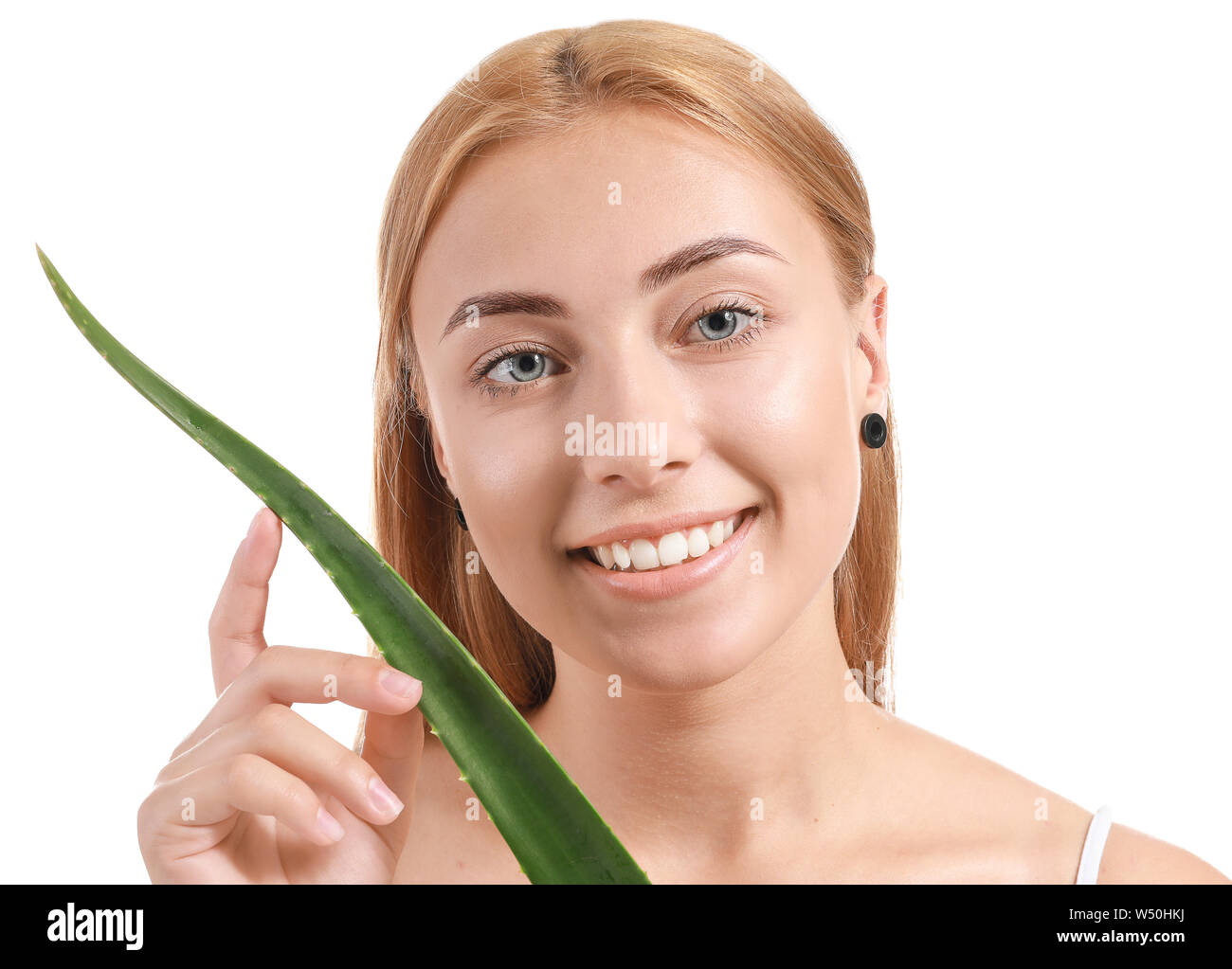 Beautiful young woman with aloe vera on white background Stock Photo ...