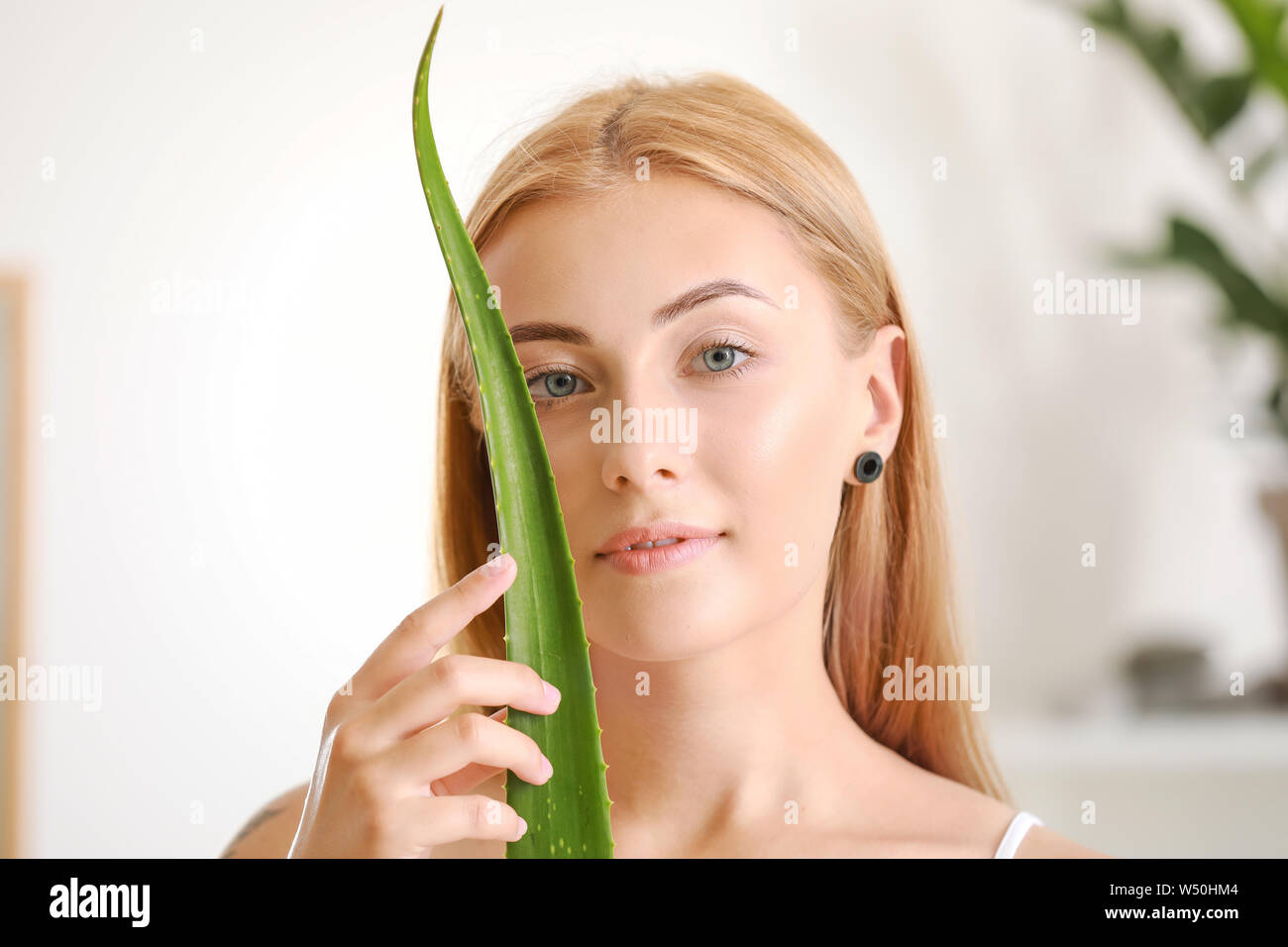 Beautiful young woman with aloe vera at home Stock Photo - Alamy