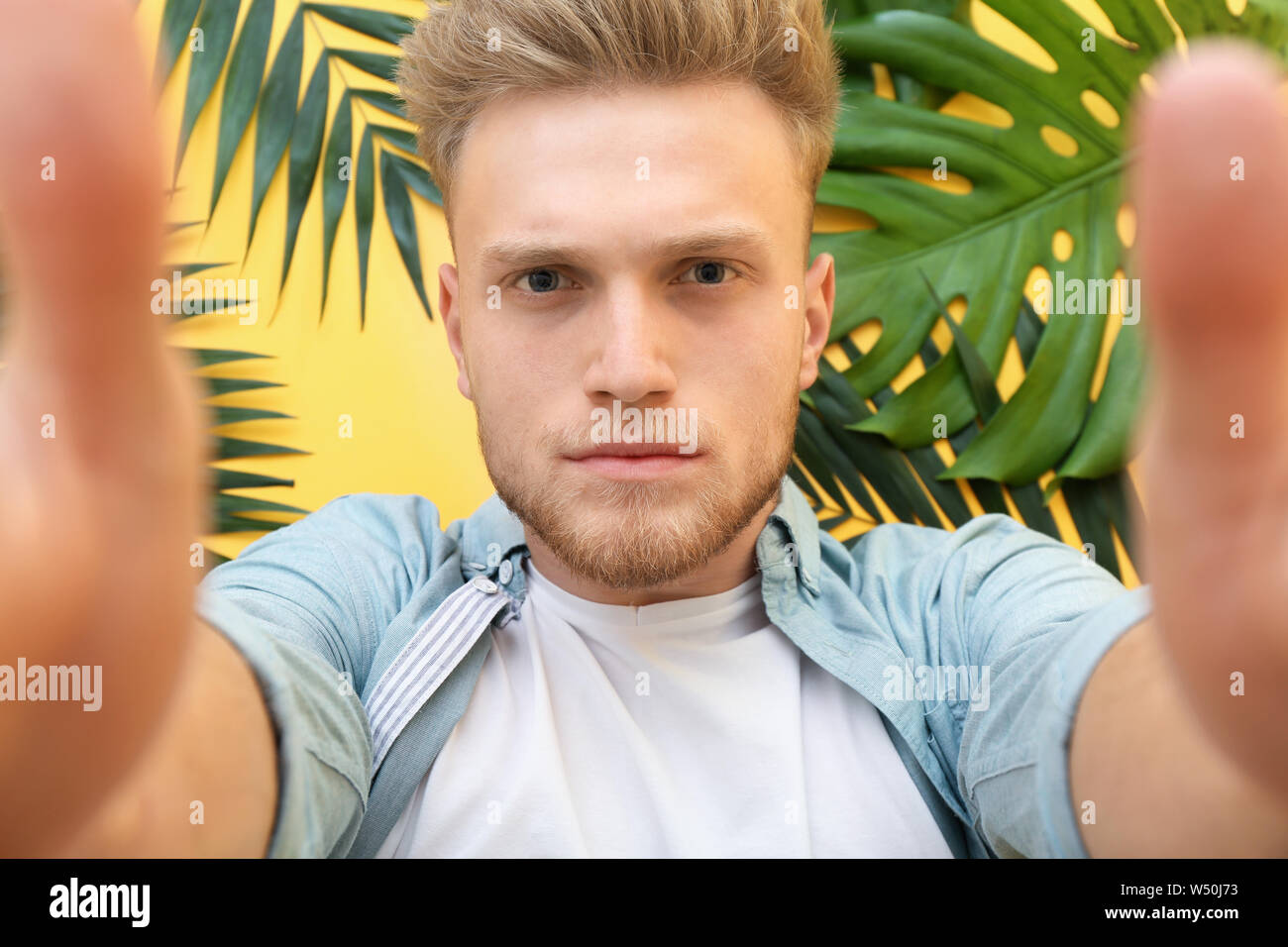 Stylish young man taking selfie on color background with tropical ...