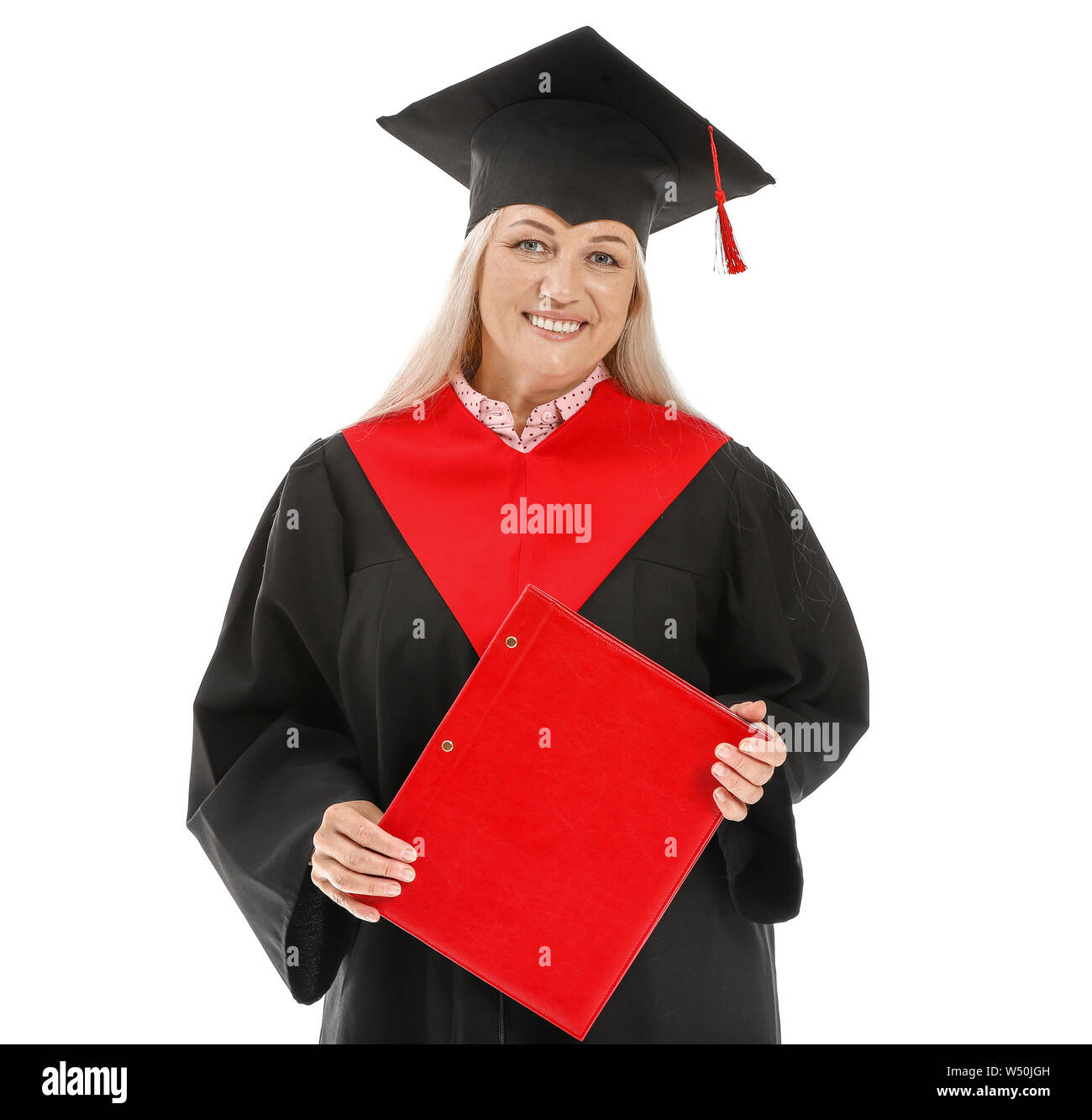Mature woman in bachelor robe on white background Stock Photo - Alamy