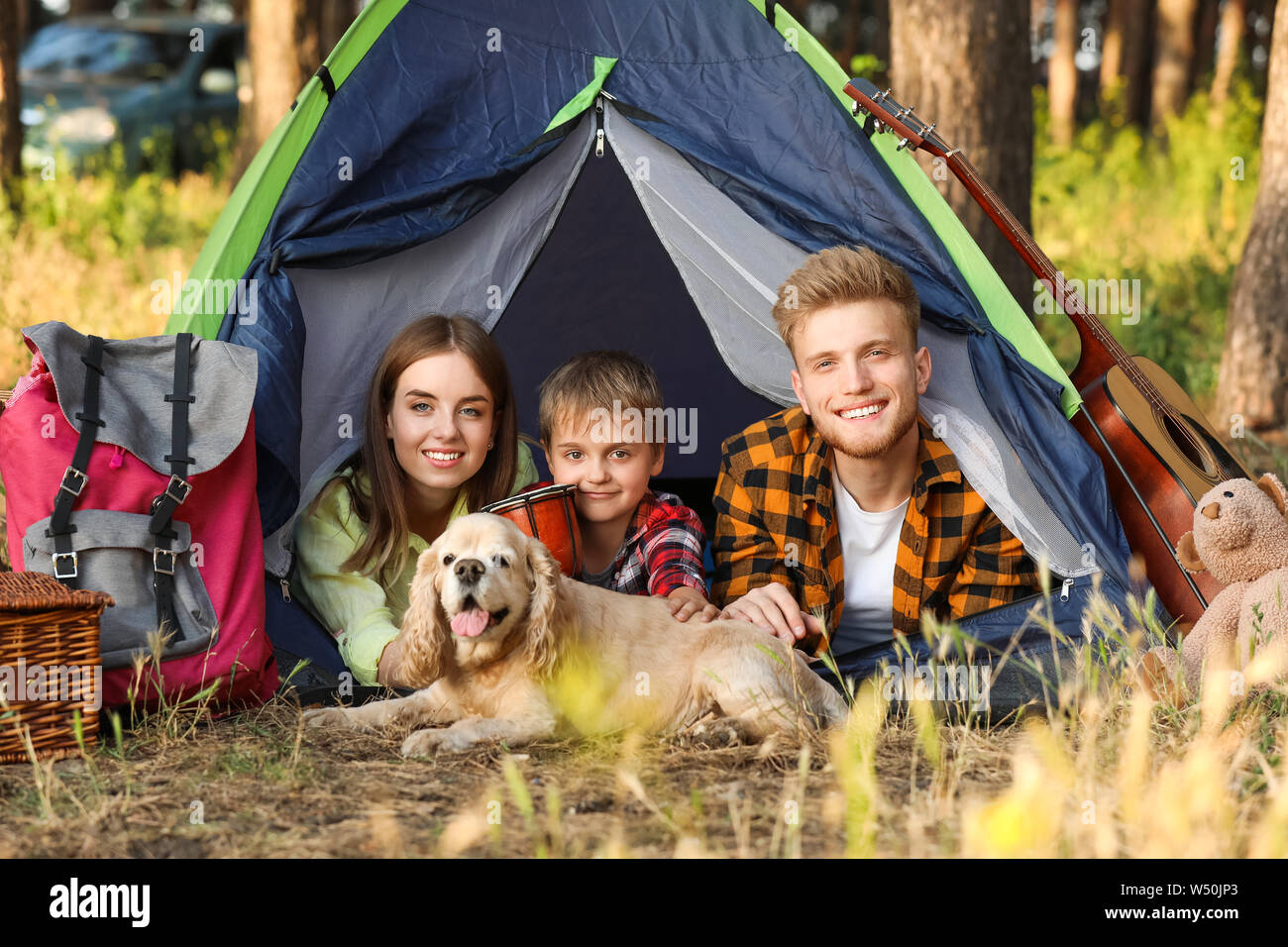 Happy family spending weekend in forest Stock Photo - Alamy