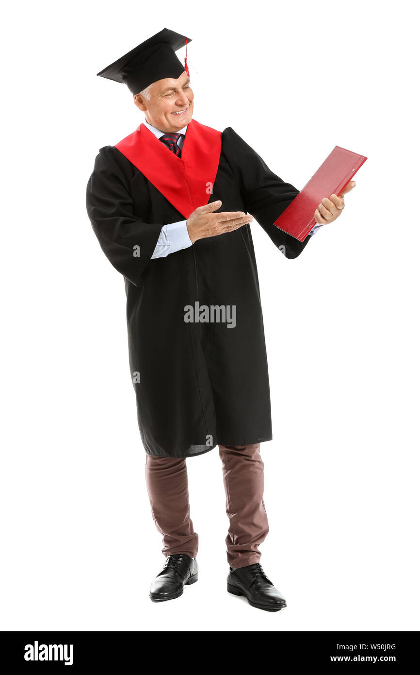 Mature man in bachelor robe on white background Stock Photo - Alamy