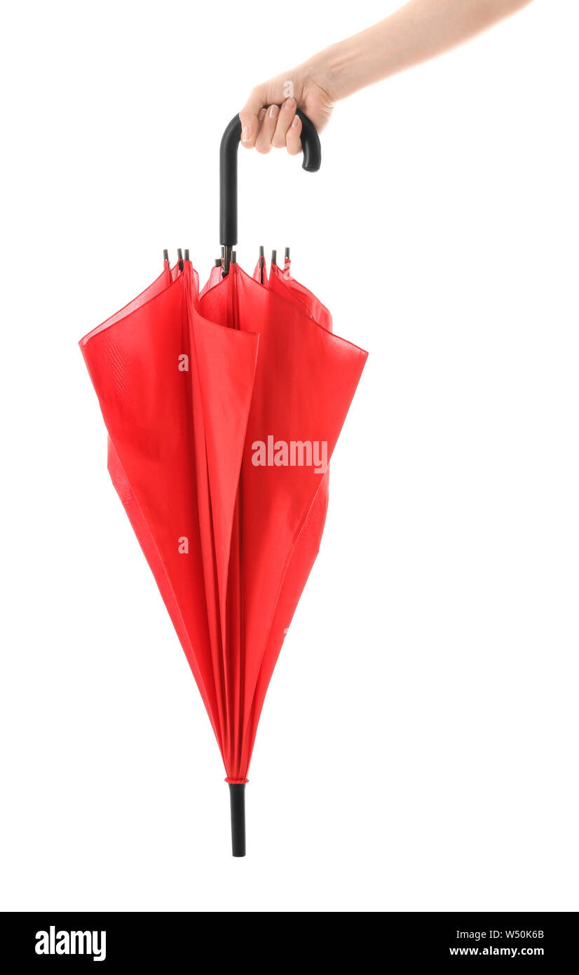 Female hand with stylish umbrella on white background Stock Photo - Alamy