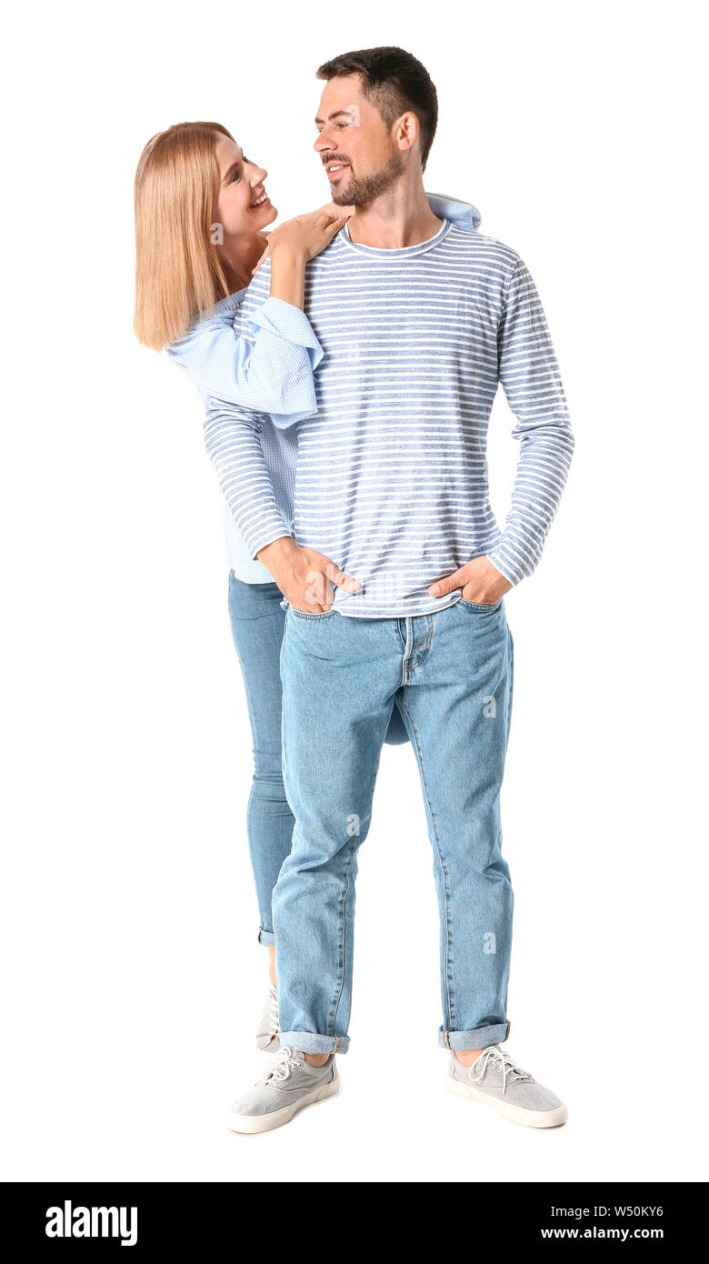 Portrait of happy couple in love on white background Stock Photo - Alamy