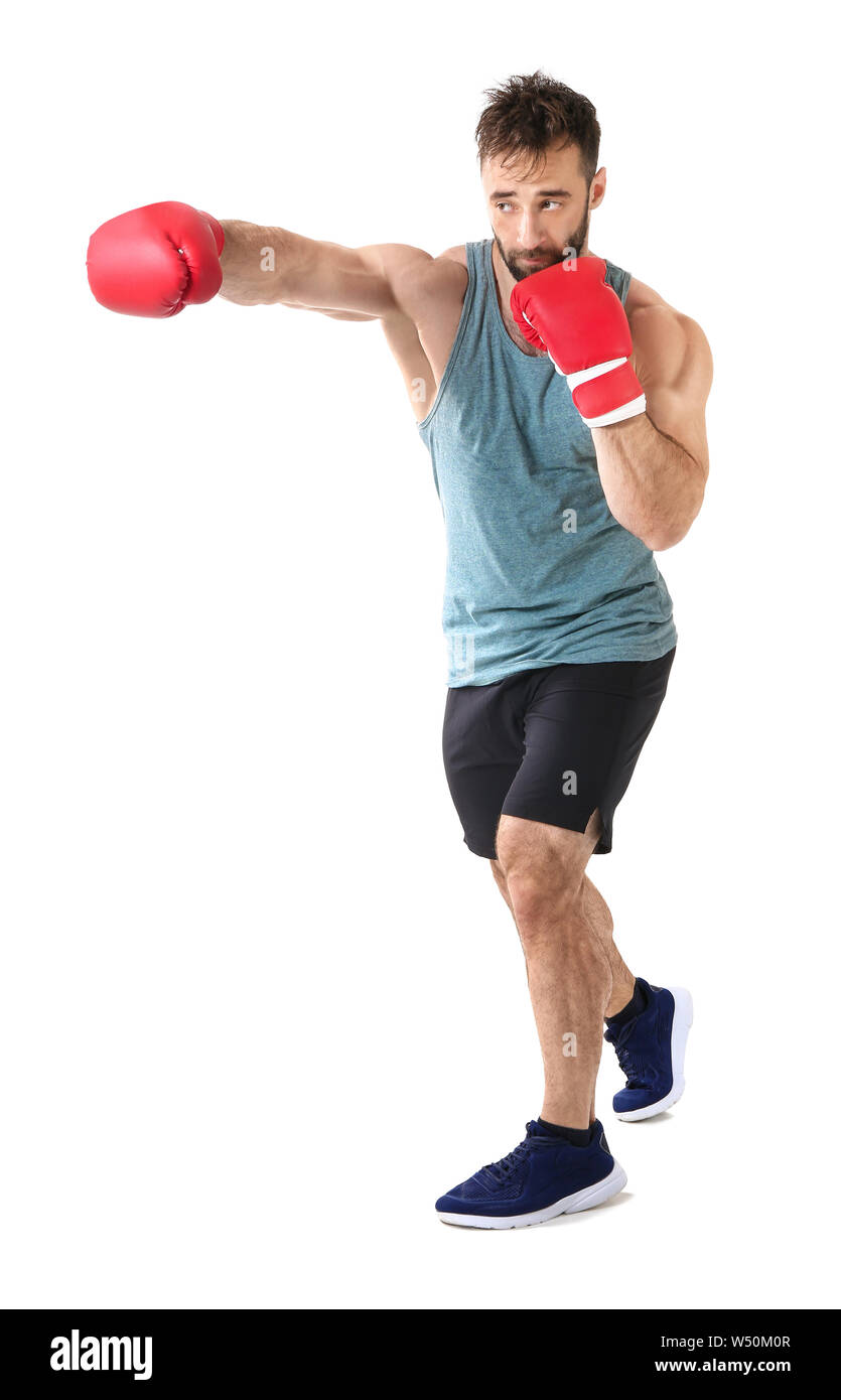 Strong male boxer on white background Stock Photo - Alamy