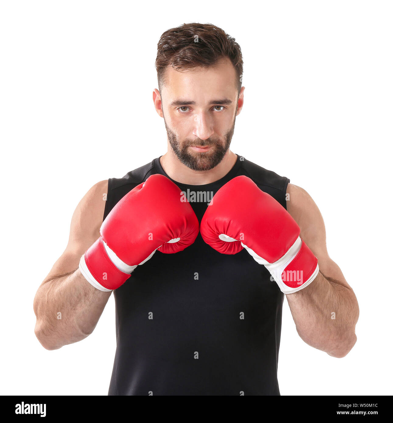 Strong male boxer on white background Stock Photo - Alamy