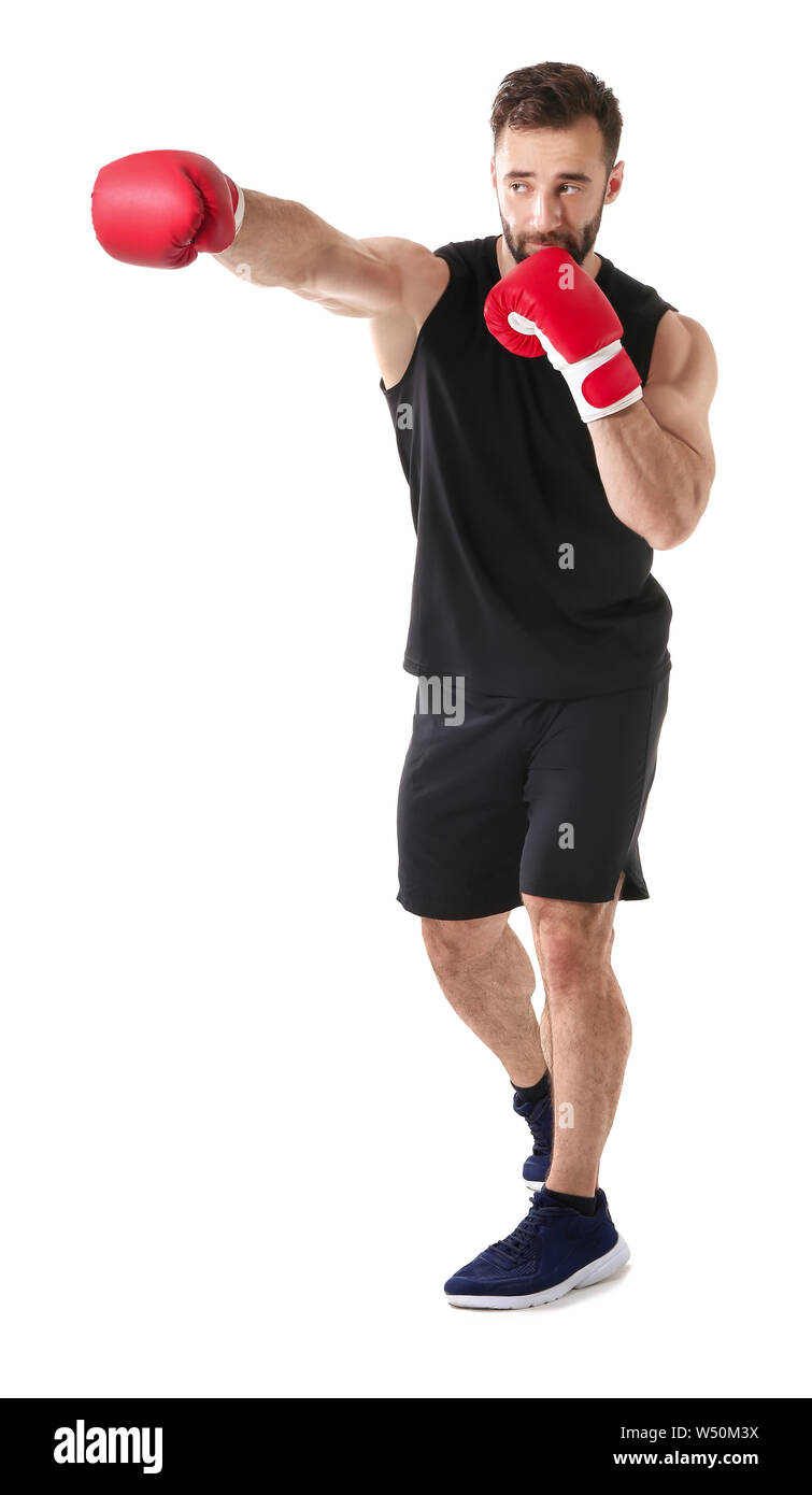 Strong male boxer on white background Stock Photo - Alamy