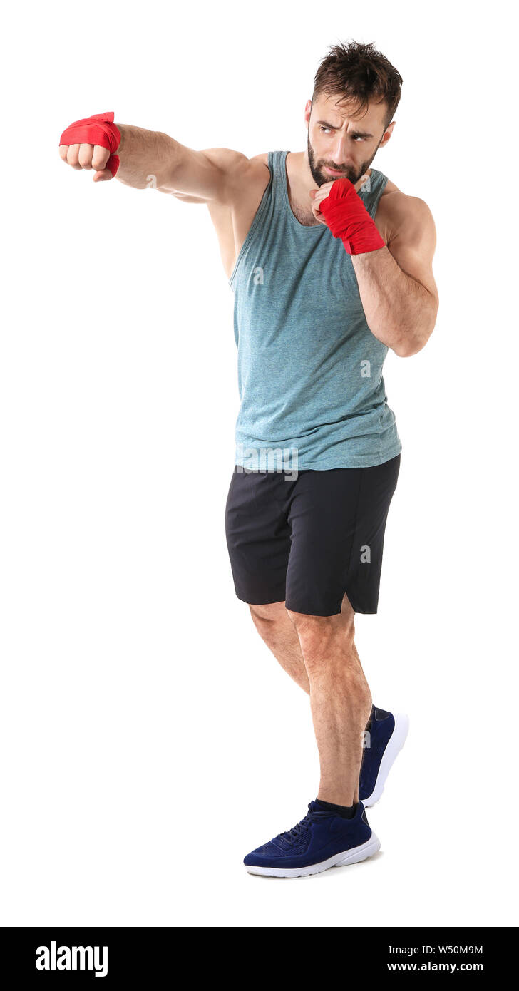Strong male boxer on white background Stock Photo - Alamy