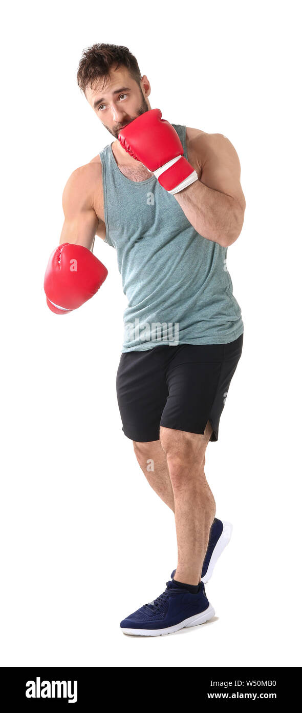 Strong male boxer on white background Stock Photo - Alamy