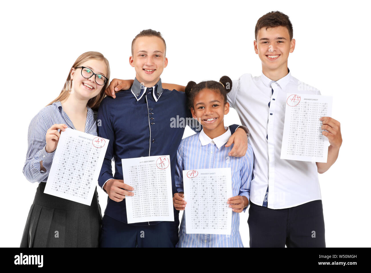Happy classmates with results of school test on white background Stock ...