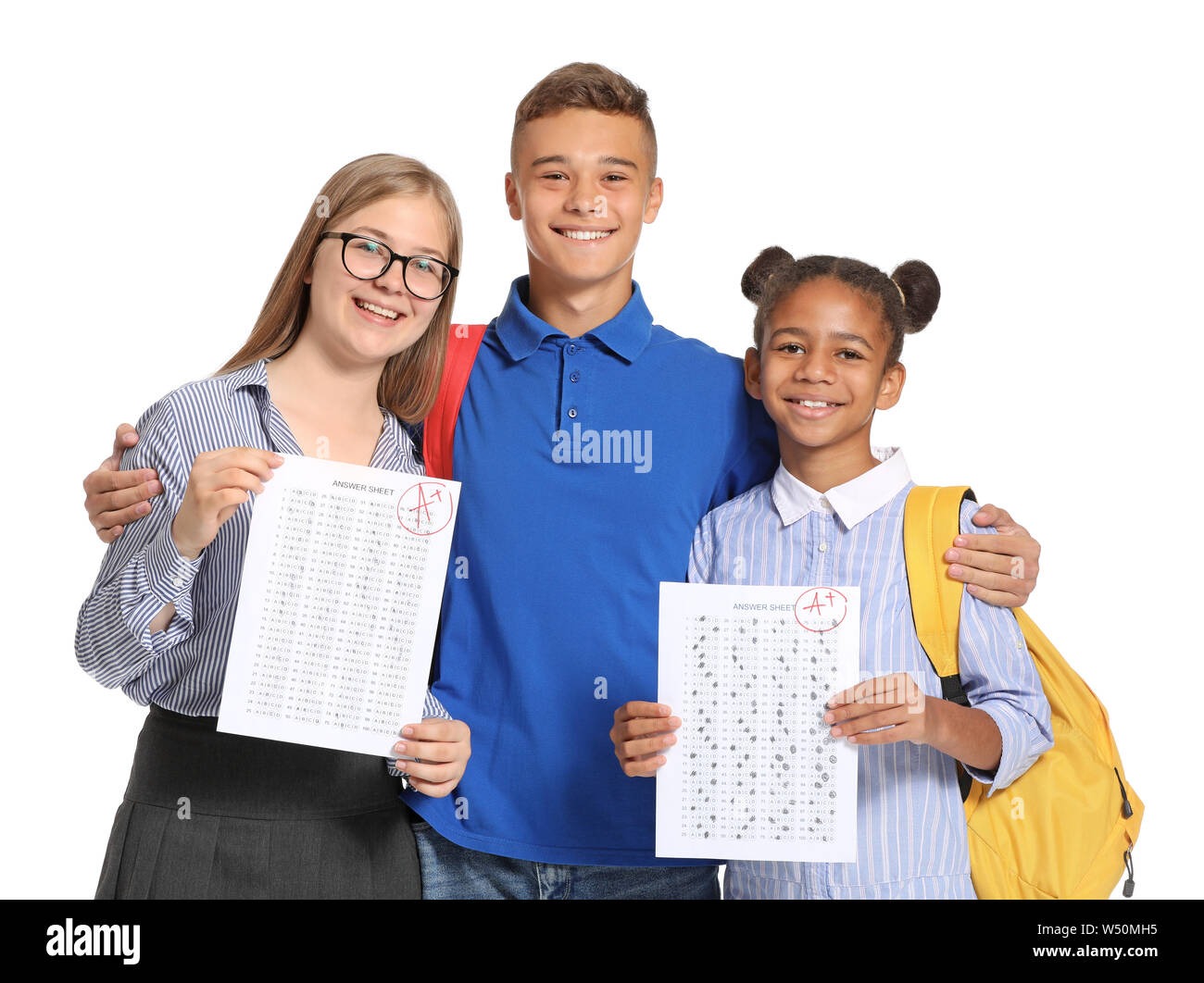 Happy classmates with results of school test on white background Stock ...