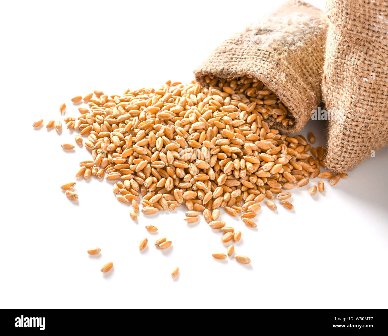 Sack bag with wheat grains on white background Stock Photo - Alamy