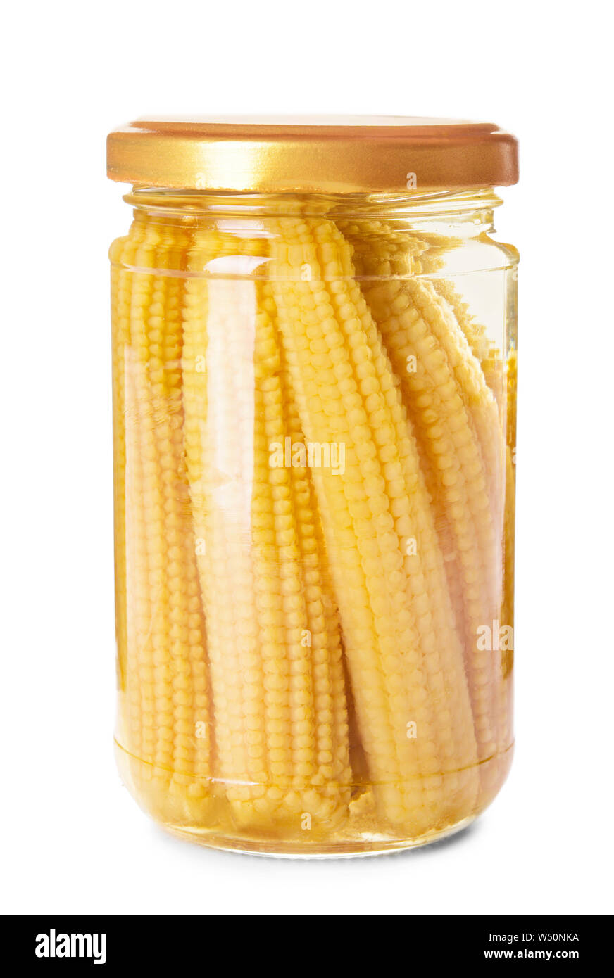 Jar with canned corn on white background Stock Photo - Alamy