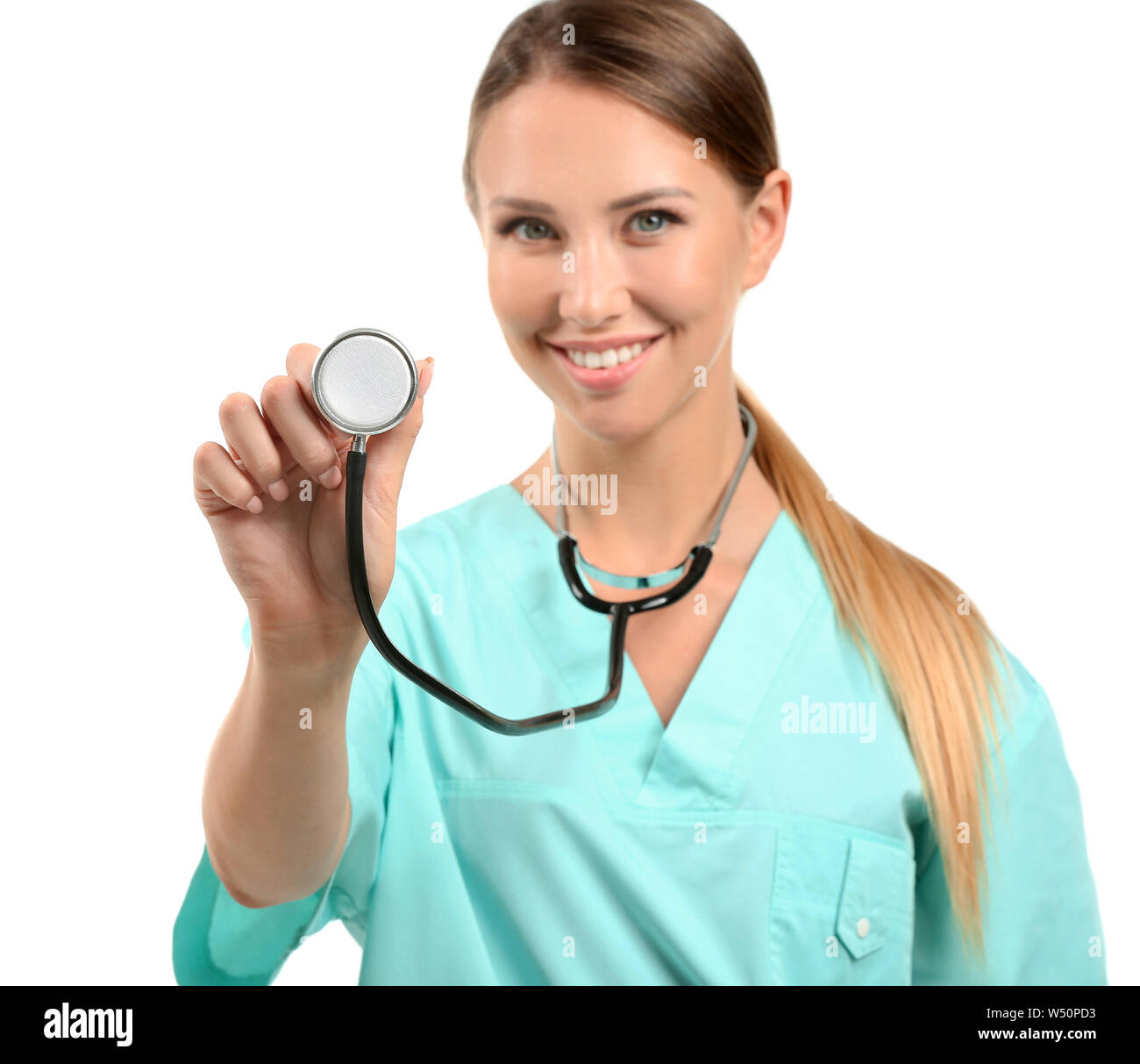 Female nurse with stethoscope on white background Stock Photo - Alamy