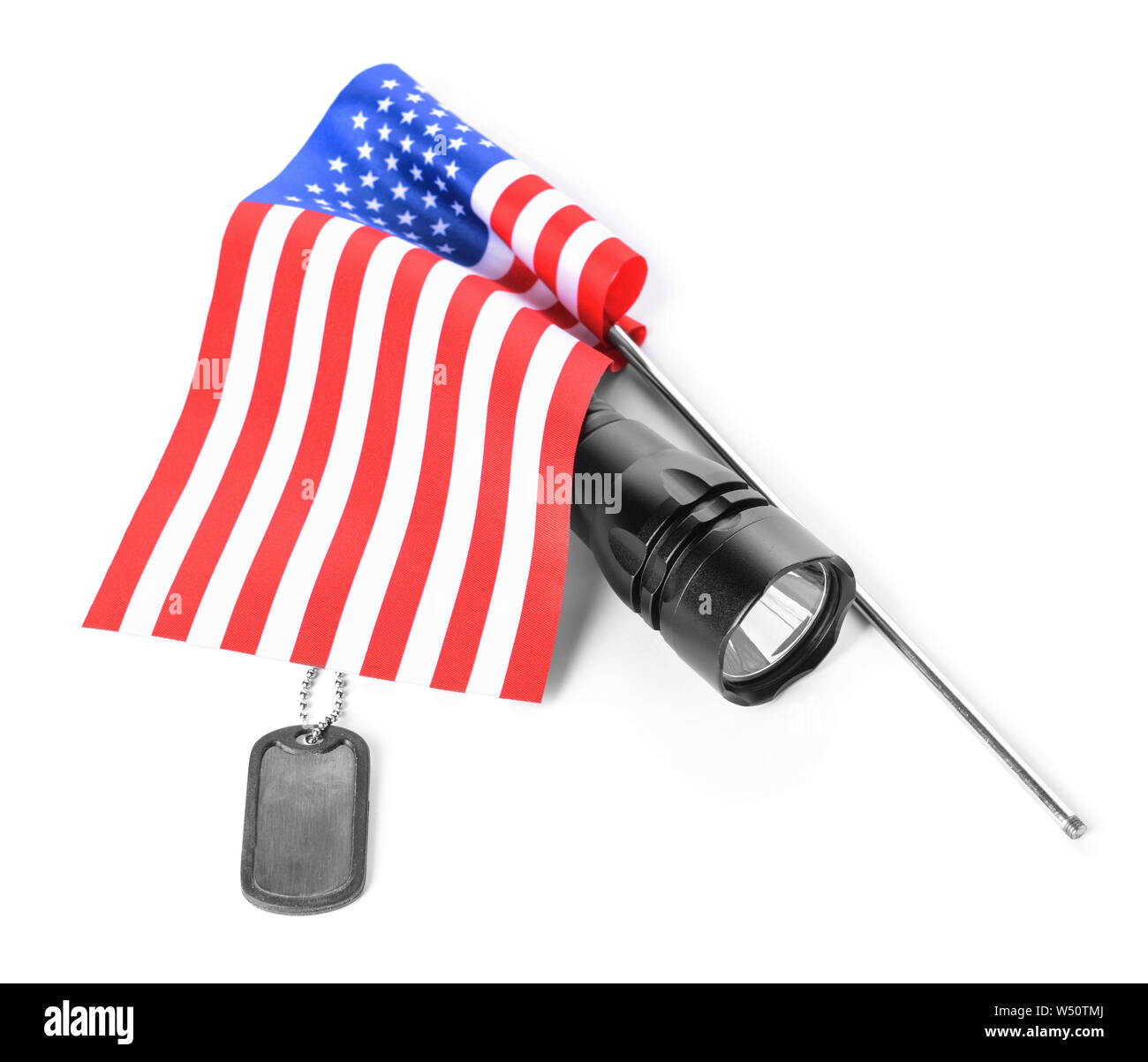 USA flag, flashlight and dog tag on white background Stock Photo - Alamy