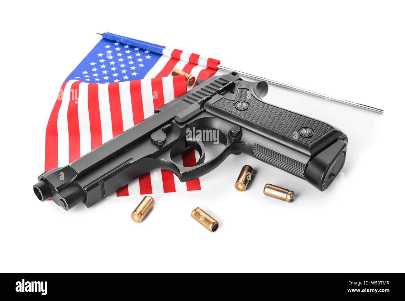 Gun, bullets and USA flag on white background Stock Photo - Alamy