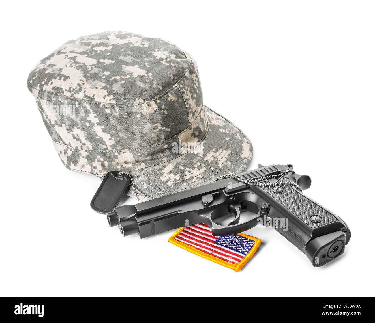 Military cap, gun, dog tag and chevron of USA army on white background ...