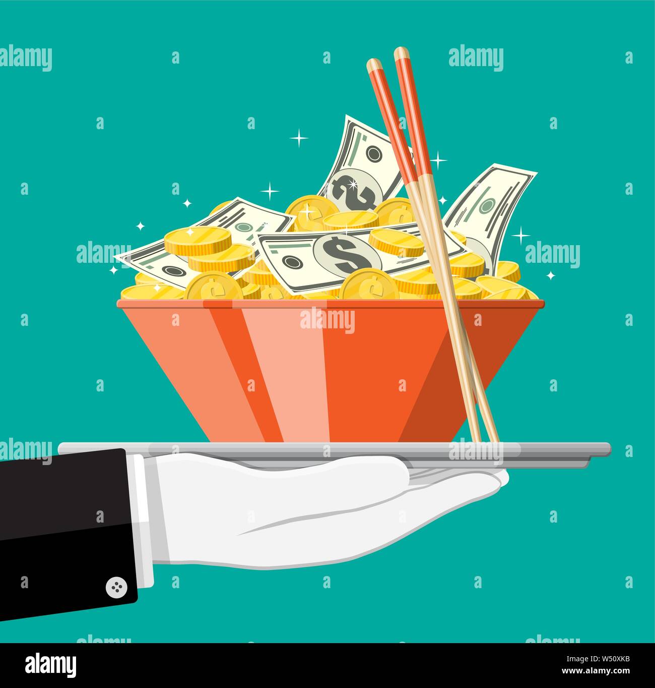 Bowl full of gold coins and dollar banknotes Stock Vector Image & Art ...