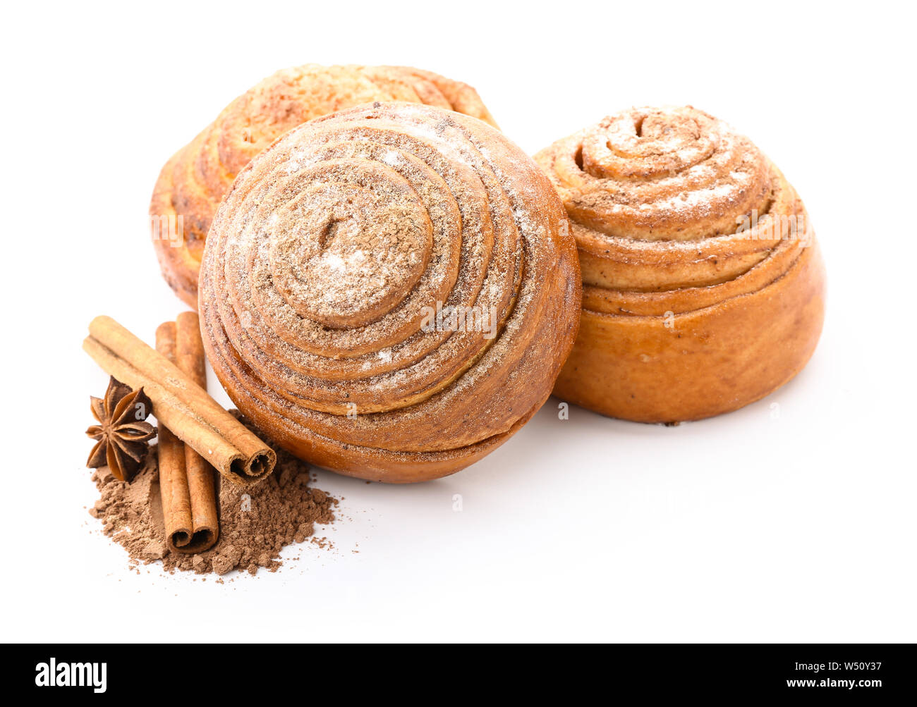 Tasty cinnamon buns on white background Stock Photo - Alamy