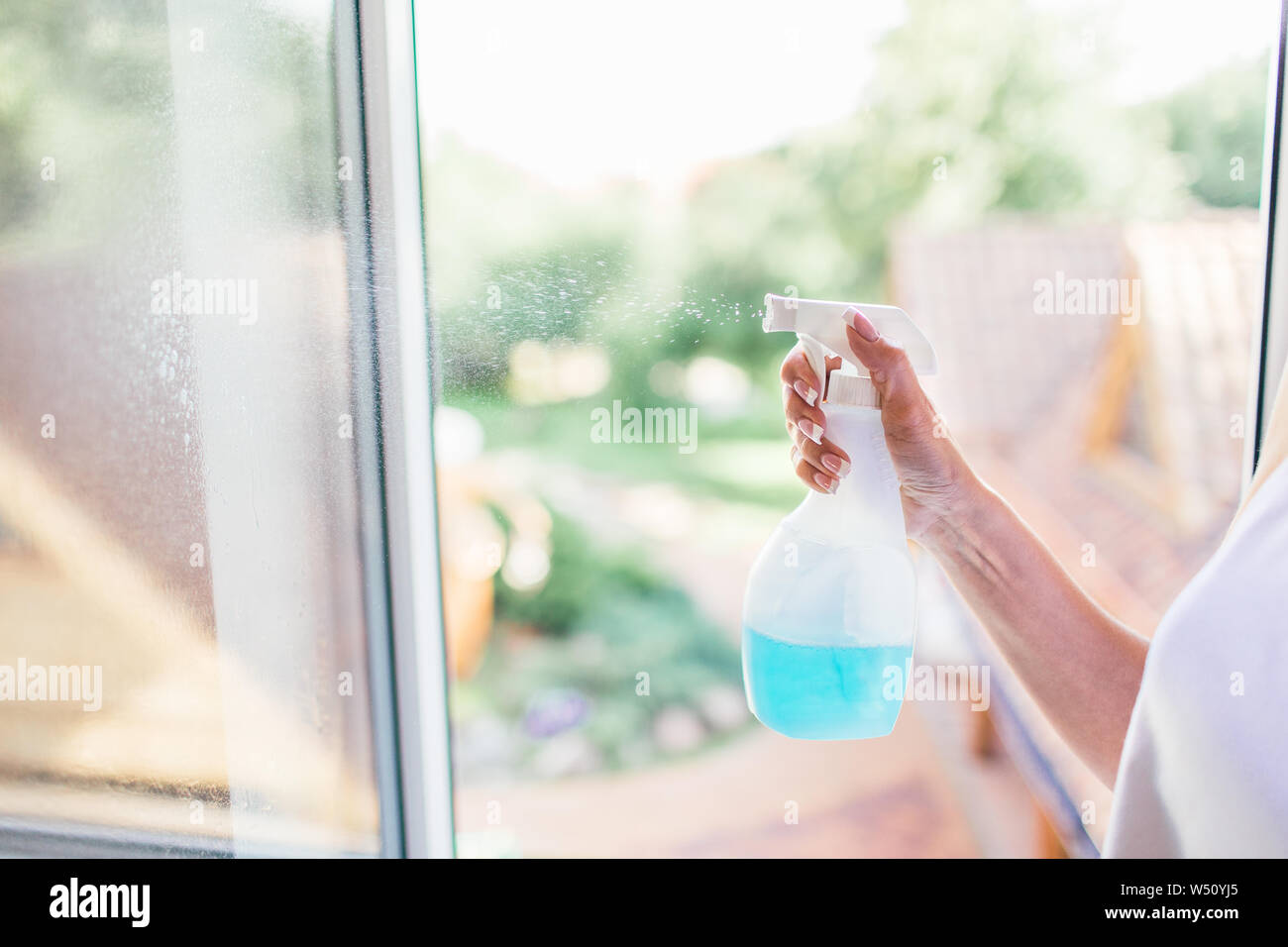 Woman's hand spraying windows with foam using spray detergent bottle ...