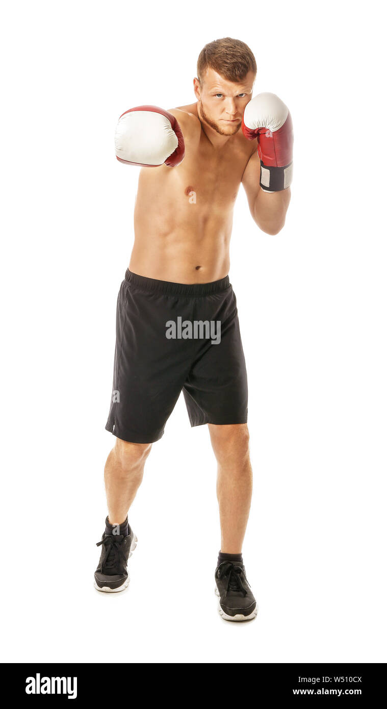Strong male boxer on white background Stock Photo - Alamy