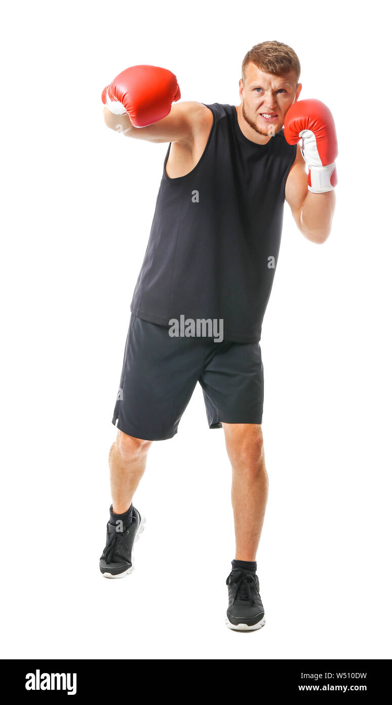 Strong male boxer on white background Stock Photo - Alamy