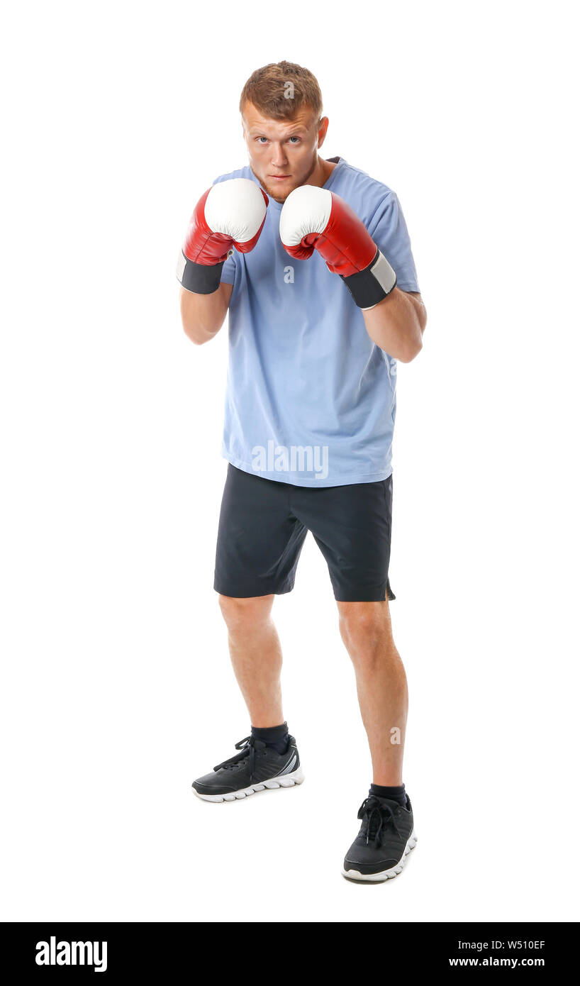Strong male boxer on white background Stock Photo - Alamy