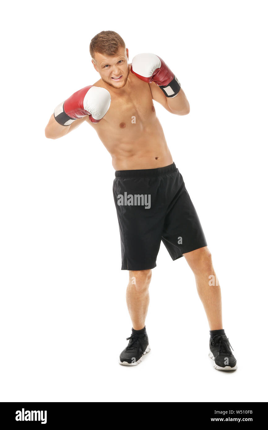 Strong male boxer on white background Stock Photo - Alamy