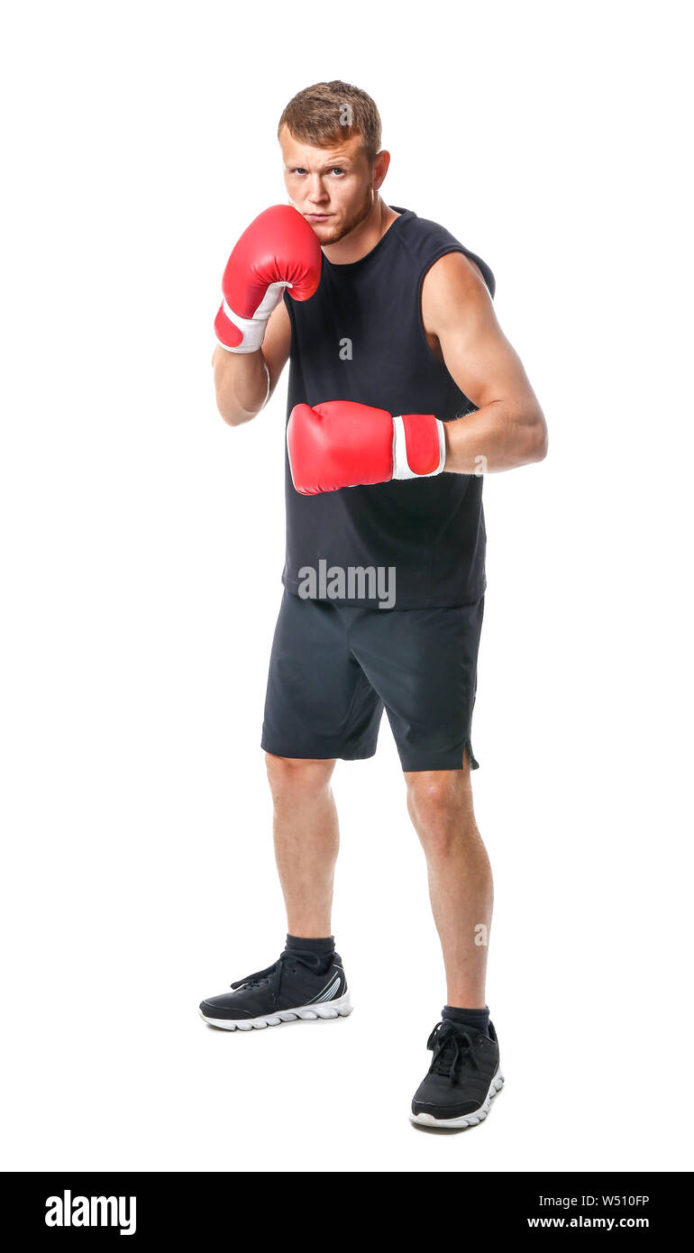 Strong male boxer on white background Stock Photo - Alamy