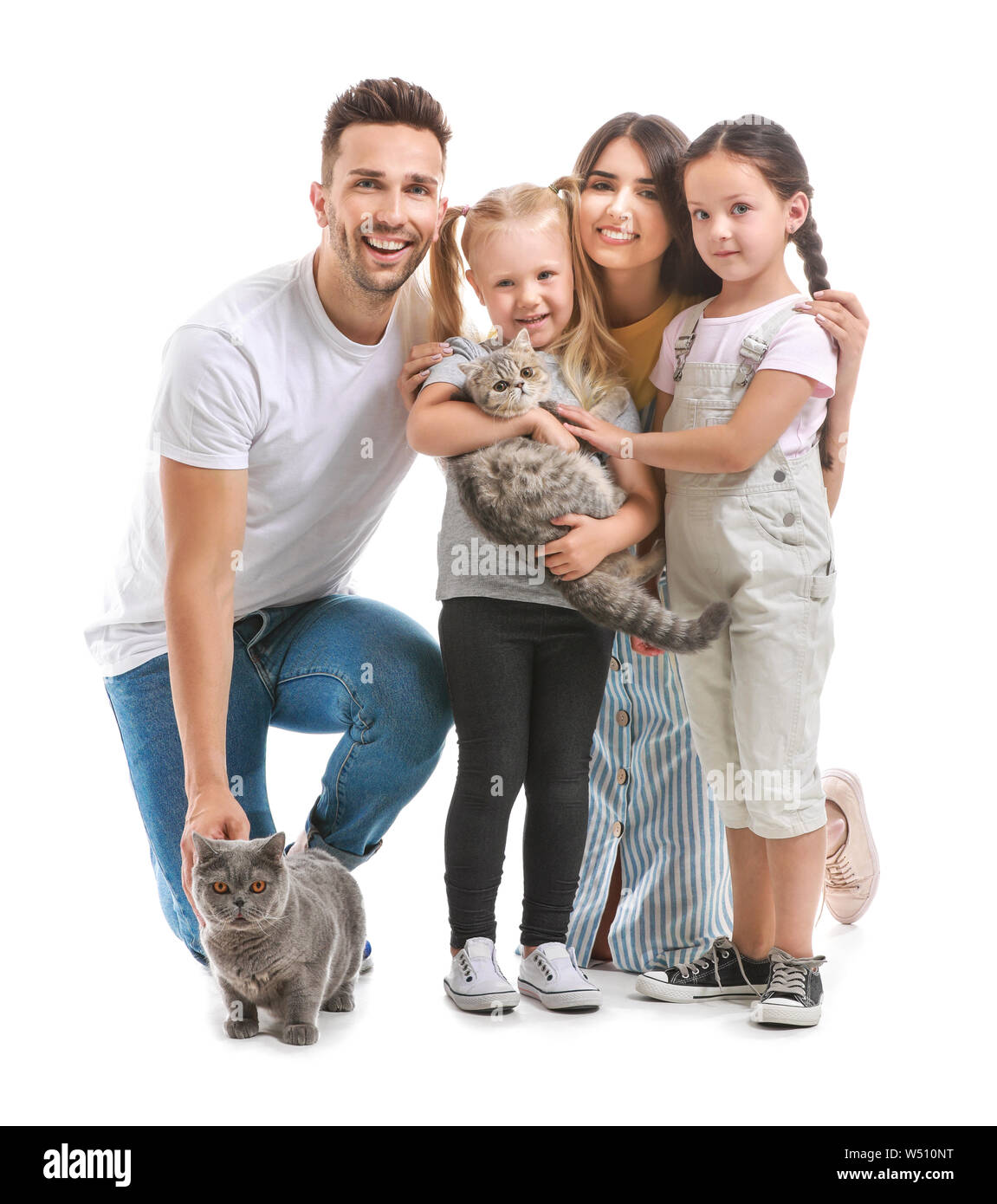 Happy family with cute cats on white background Stock Photo - Alamy