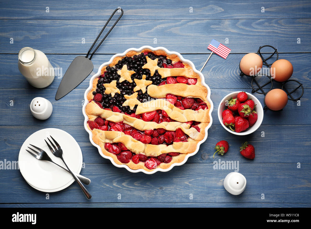 Tasty American flag pie and ingredients on table Stock Photo - Alamy