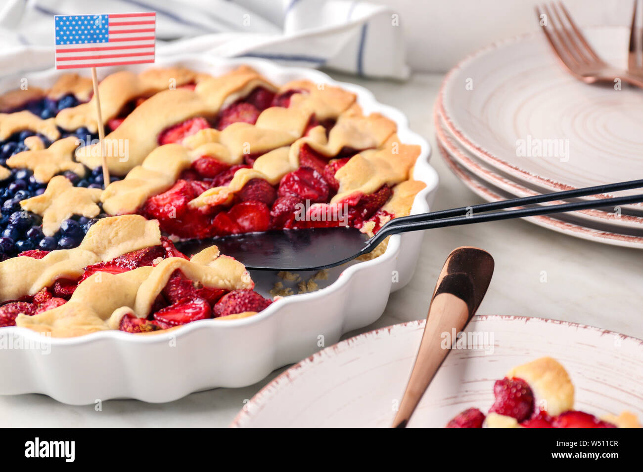 Tasty American flag pie on table, closeup Stock Photo - Alamy
