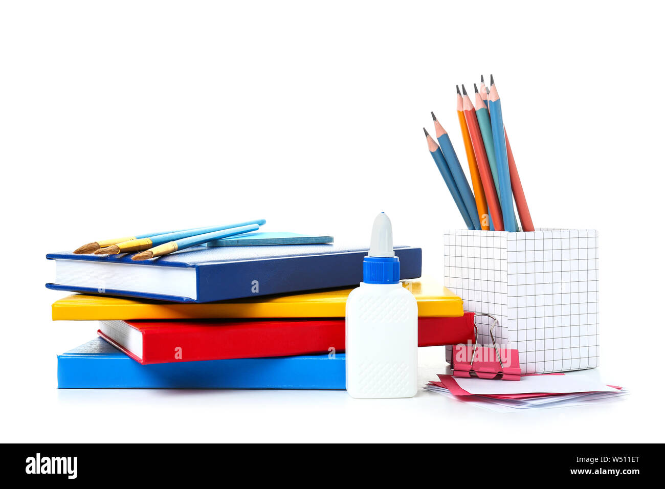 Set of school supplies on white background Stock Photo - Alamy