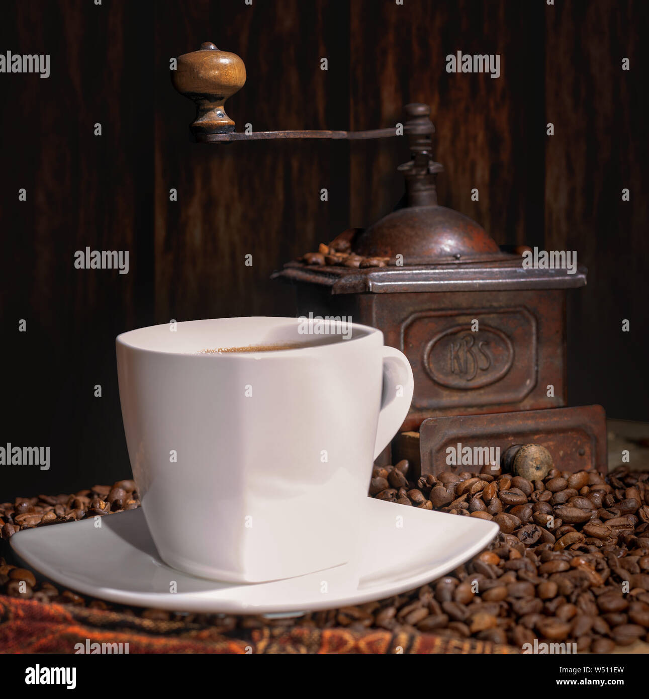 Coffee cup and coffee beans. Relax time. Taste of rest. Brazilian pride ...